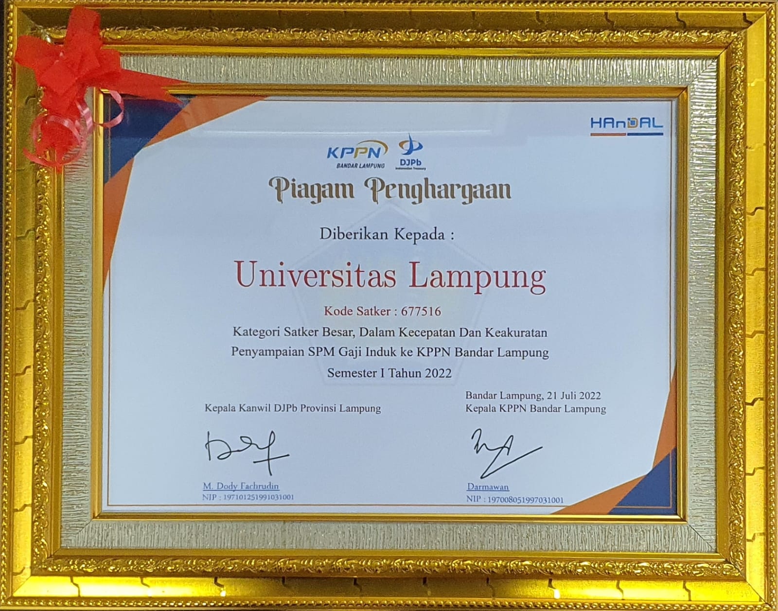 Unila Raih Penghargaan Kategori: Satker Besar dalam Kecepatan dan Keakuratan Penyampaian SPM ...