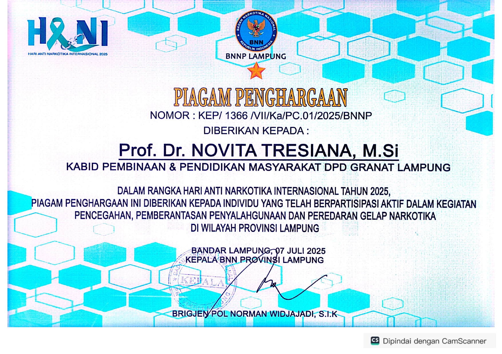 Unila Terima Penghargaan BNN Provinsi Lampung atas Kontribusi Aktif dalam P4GN - Universitas Lampung