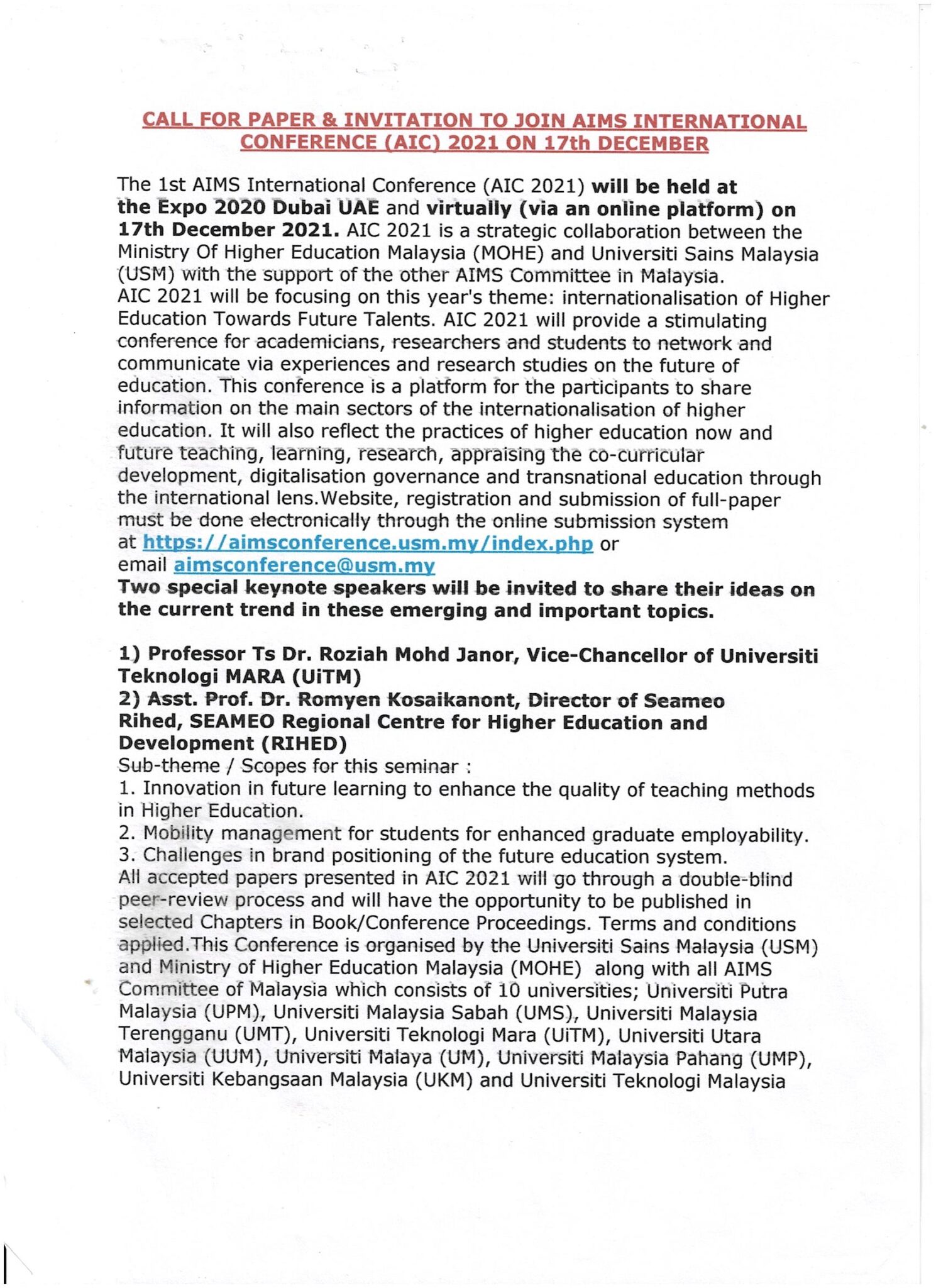 Call for Paper & Invitation to Join Aims International Conference (AIC ...