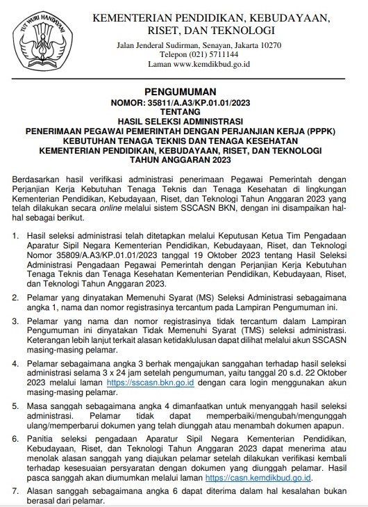 Hasil Seleksi Administrasi Penerimaan PPPK Kebutuhan Tenaga Teknis dan Tenaga Kesehatan ...
