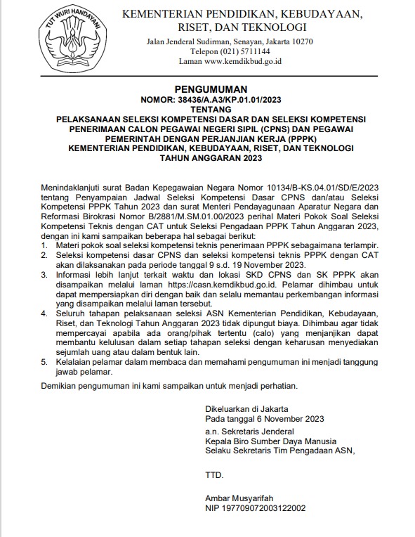 Pelaksanaan SKD dan Seleksi Kompetensi Penerimaan CPNS dan PPPK Kemdikbudristek TA 2023 ...