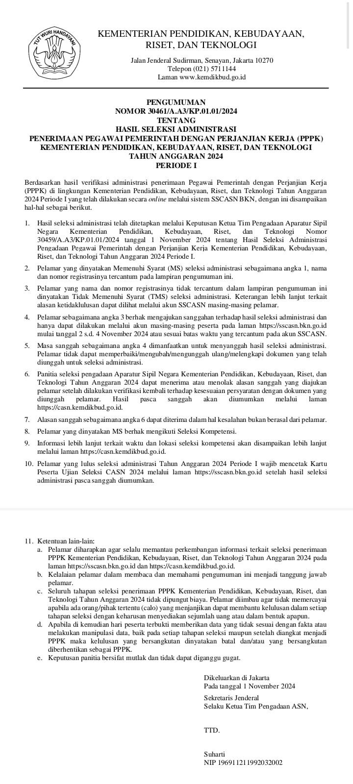 Hasil Seleksi Administrasi Penerimaan PPPK Kemendikbudristek TA 2024 Periode I - Universitas Lampung